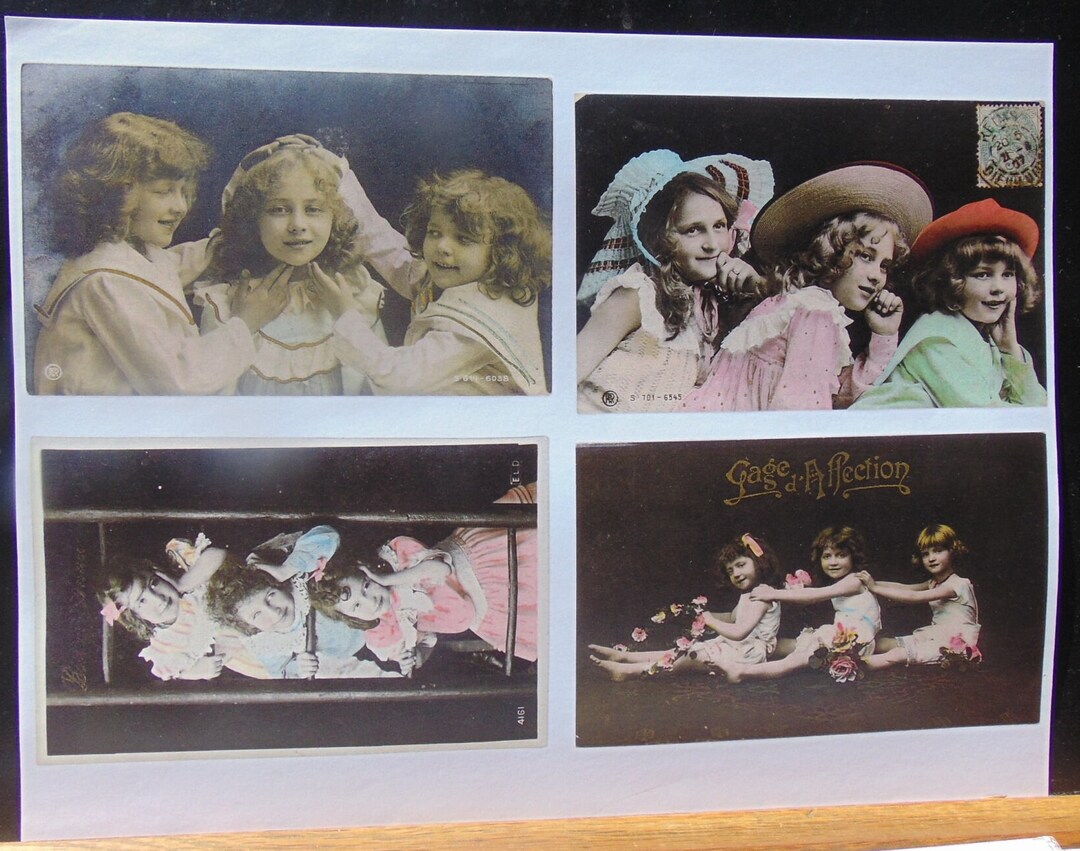 One Sheet of Antique Real French 'triplets' Postcards for Card Making ...