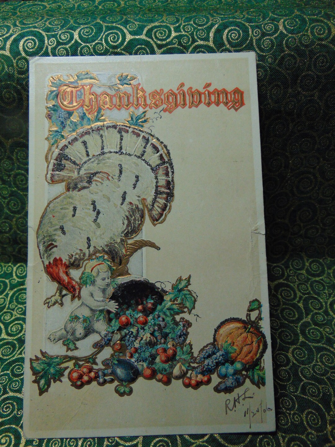 ANTIQUE BEAUTIFUL 1906 Thanksgiving Turkey Cornucopia Glitter Gilt ...