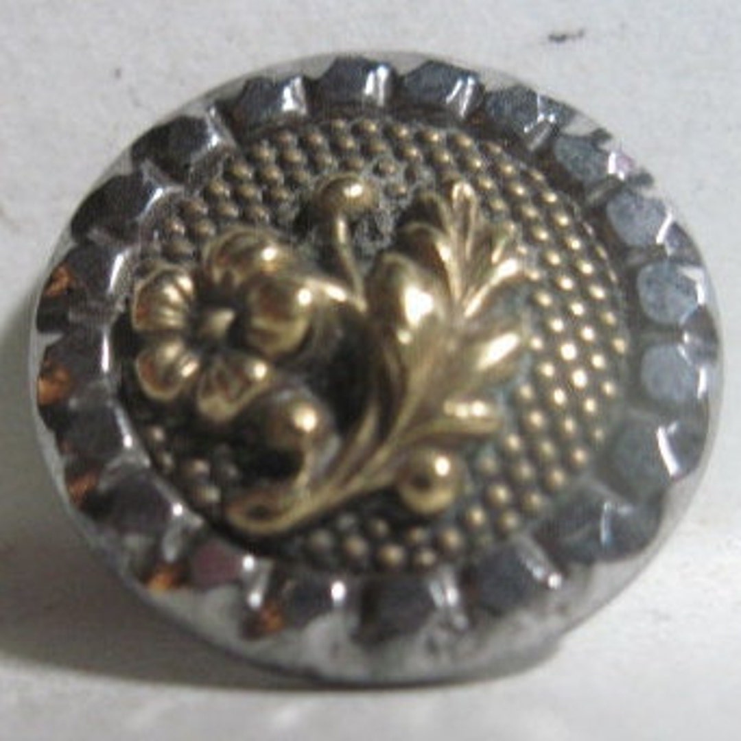 ANTIQUE 1860's Steel Cut Button W/ Delicate Gilt Brass Posy Flower ...