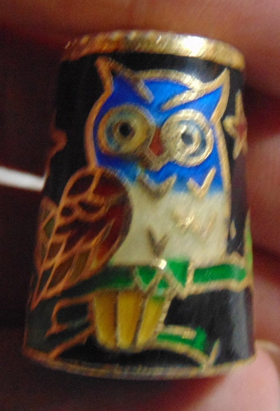 VINTAGE Pretty 60's/70's Brass Cloisonne Black Multi Color Owl Thimble ...