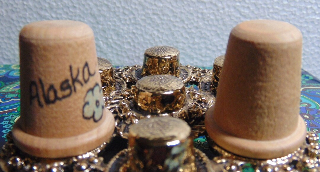 VINTAGE Wonderful Set of 2 Tall Wood Thimbles 1 Alaska 1 DIY...#24 ...
