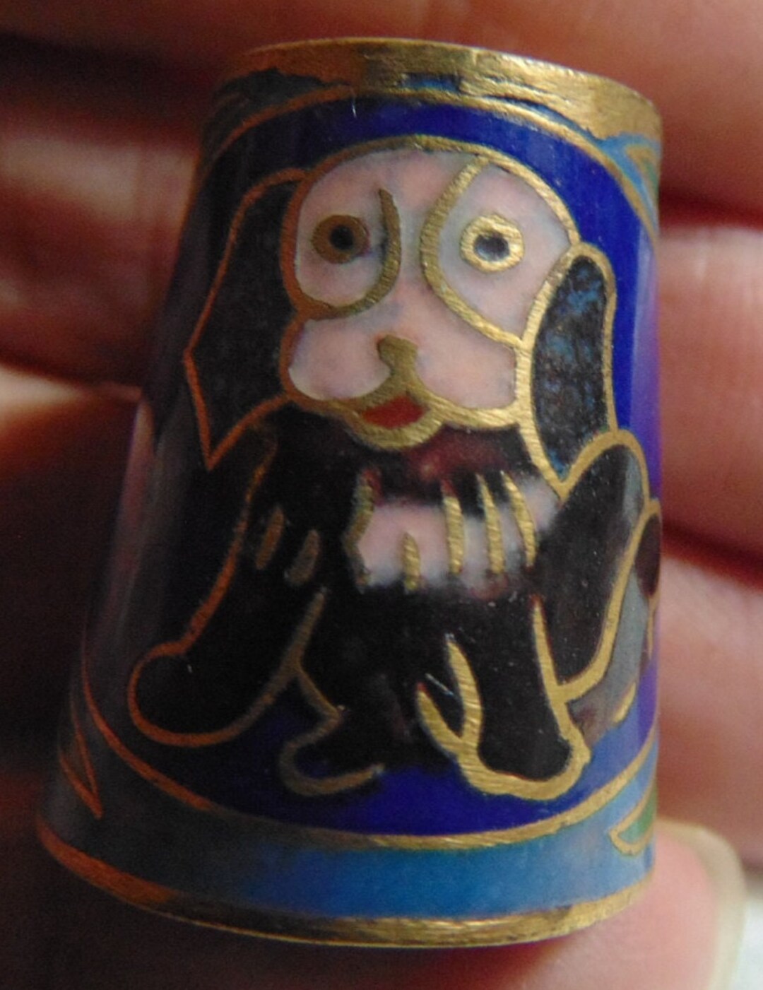 VINTAGE Pretty 60's/70's Brass Cloisonne Blue W/black Puppy & Floral ...