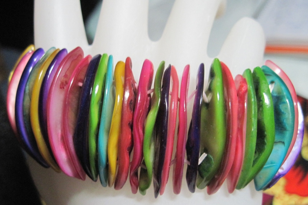 Vintage GORGEOUS BRIGHT Multi Colored Half Moon REAL Shell Stretch ...