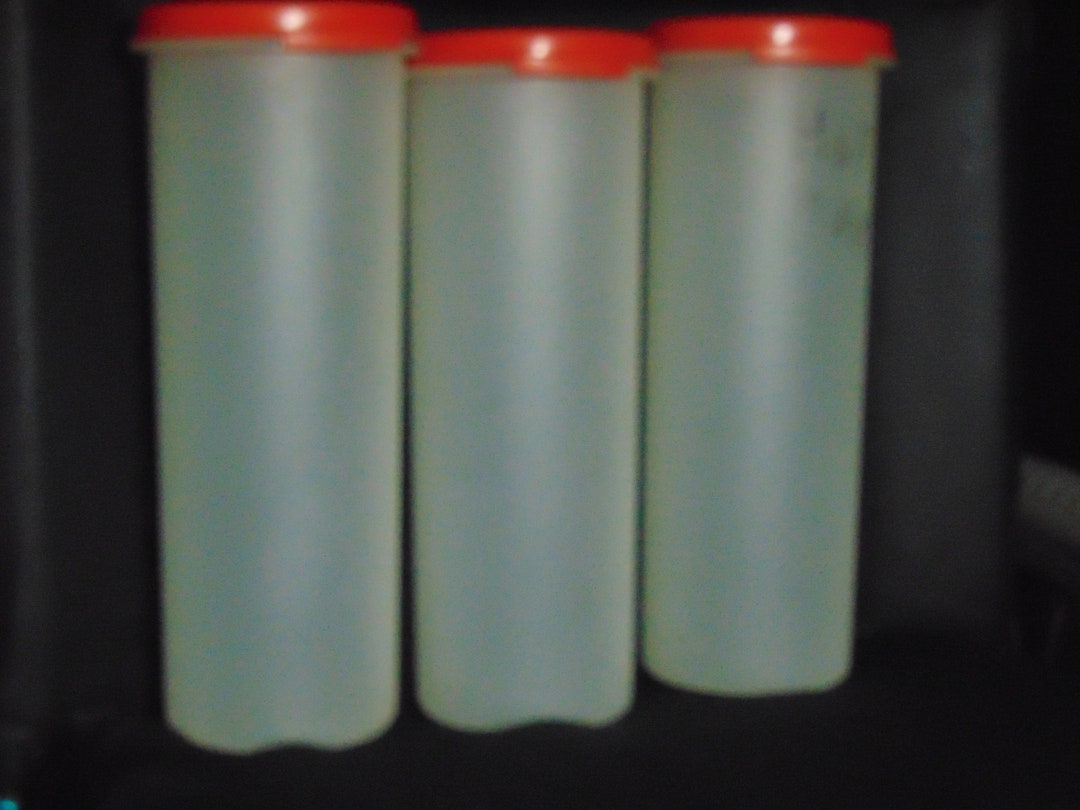 Vintage 70's Set of 3 Tupperware Tall Clear & Red Lid Cylinder Storage ...
