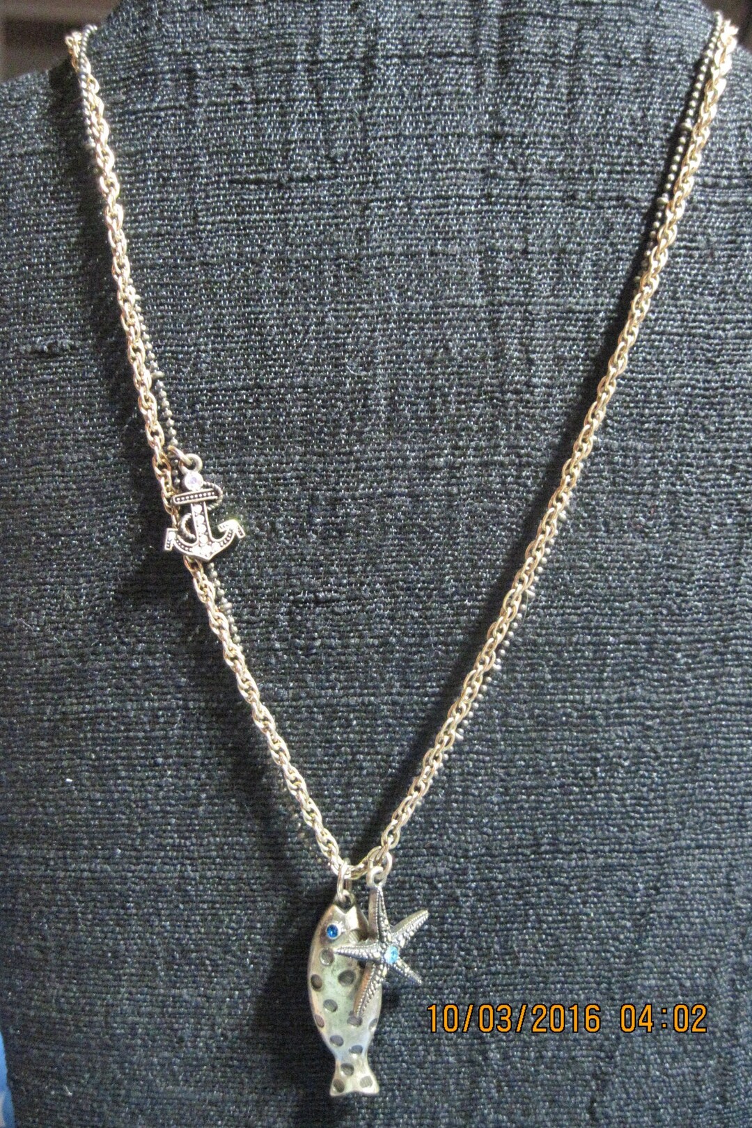 Vintage PRETTY BJ Gold & Brass Double Chain Nautical Theme Charm Fish ...