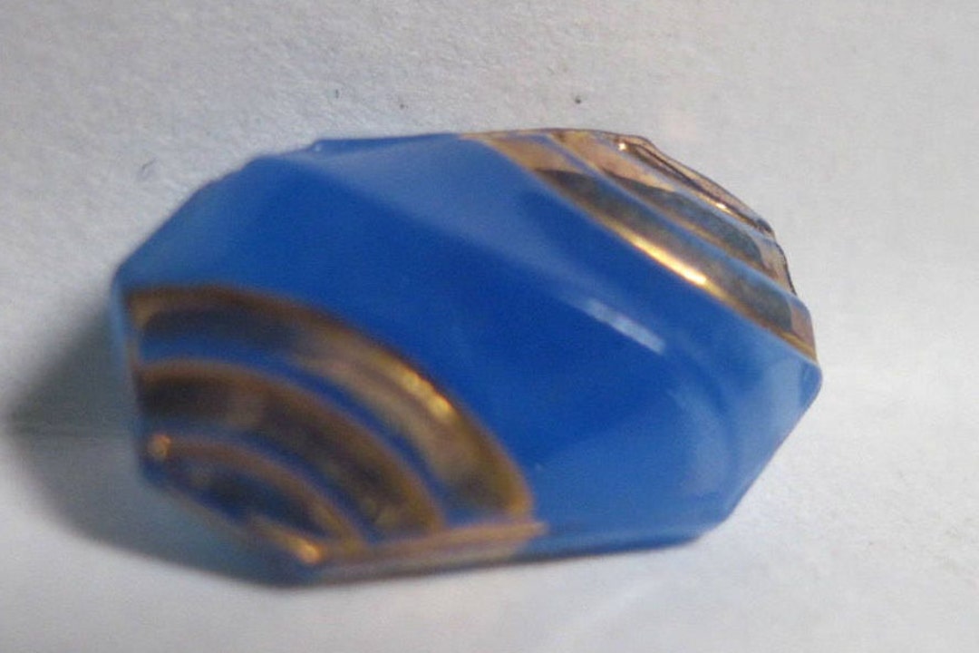 ANTIQUE 1920's Blue Opalescent Glass Button W/ Gold Luster Trim...#507 ...