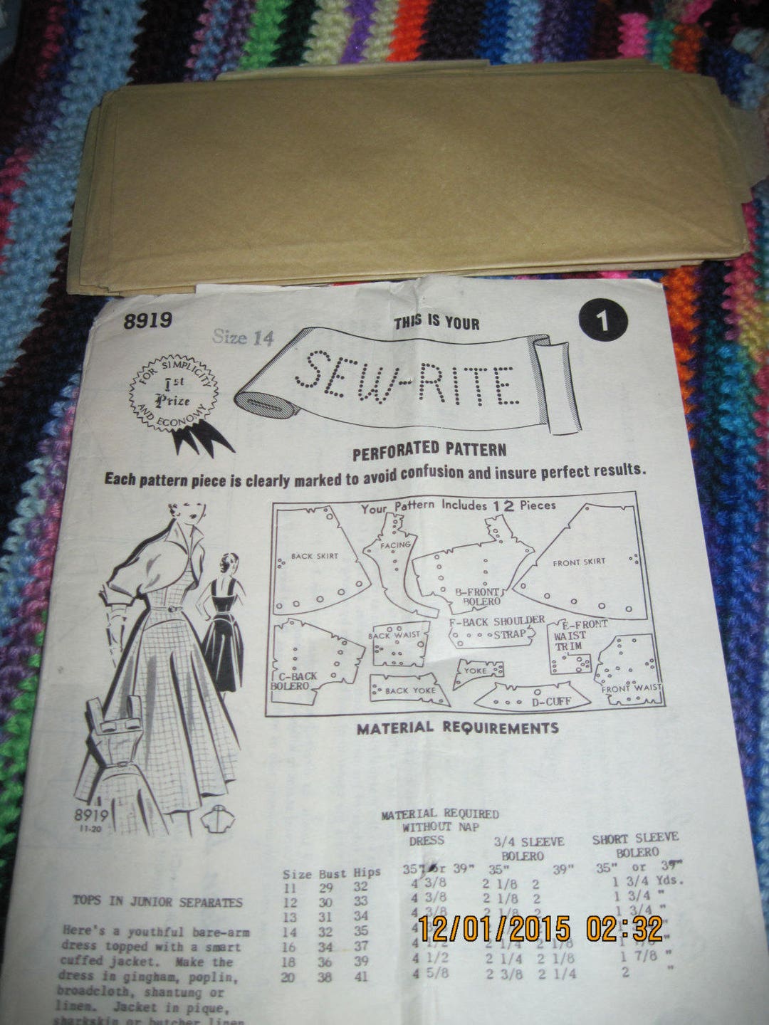 VINTAGE 1950'S SEW RITE Perforated Pattern #8919..tops in Junior.sz. 14 ...