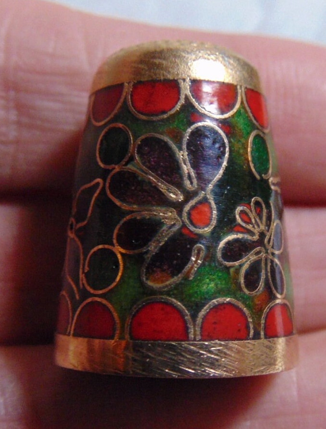 VINTAGE Pretty 60's/70's Brass Cloisonne Red,green & Purple Floral ...