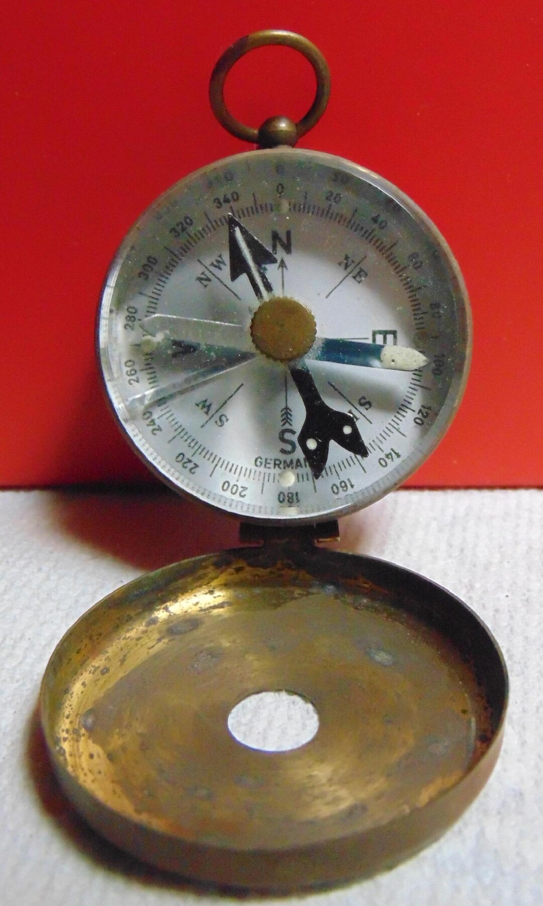 Vintage 40's/50's AWESOME German Brass Compass W/ Loop to Hang...works ...
