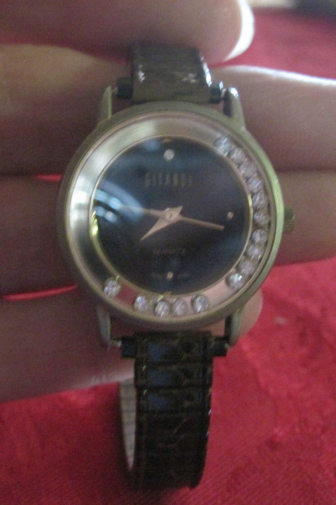 Vintage AWESOME GITANO Gold & Floating Crystal Round Face Brown Spandex ...