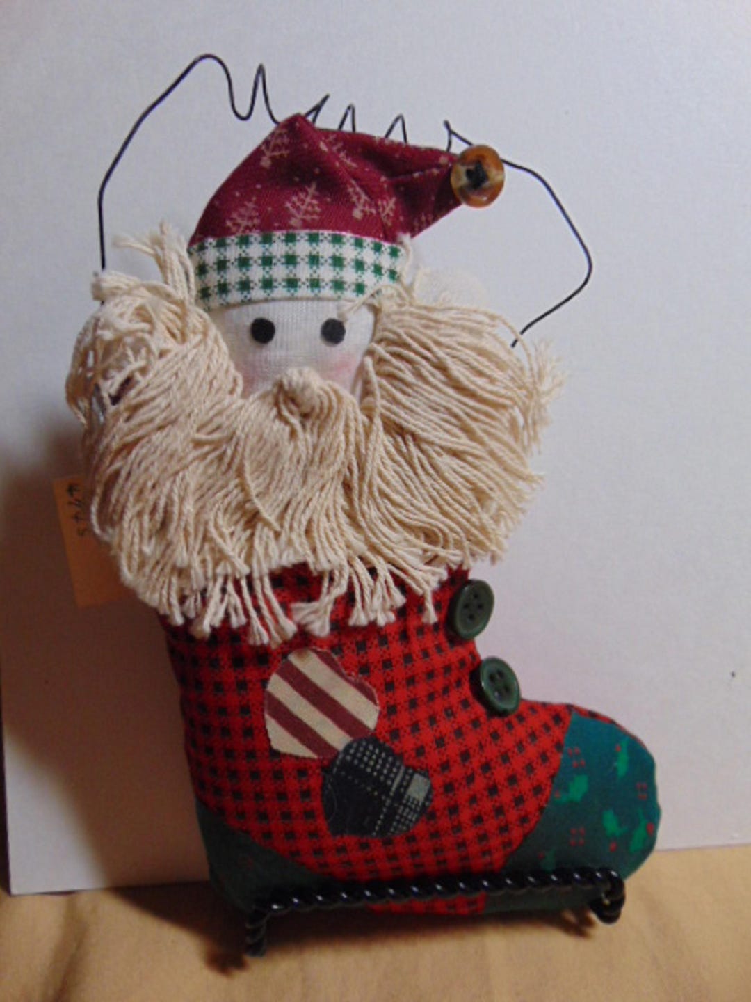 Vintage CUTE Cloth Santa in Red Stocking Ornament-window or Wall ...