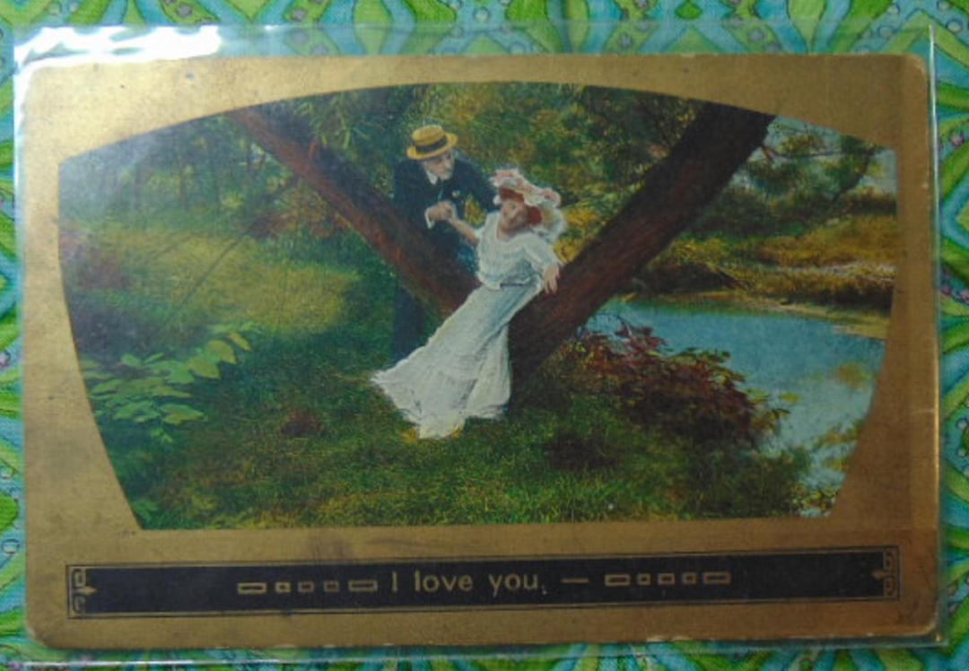 Antique Excellent 1900's Lovers Sitting in Tree 'I LOVE YOU' Monochrome ...