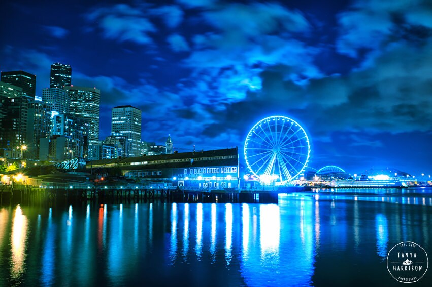 Seattle Art Great Wheel Waterfront View - Seattle Skyline Night ...