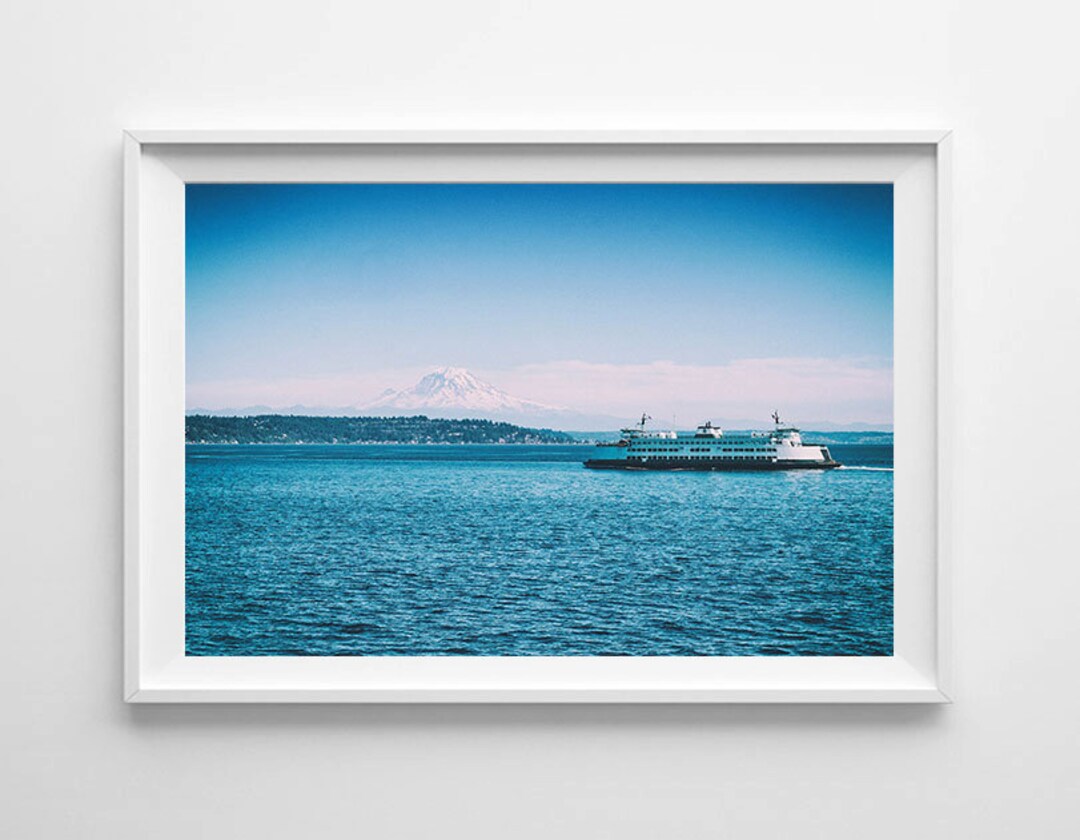 Mount Rainier and Ferry Boat in Washington State Seattle Art, Nautical ...