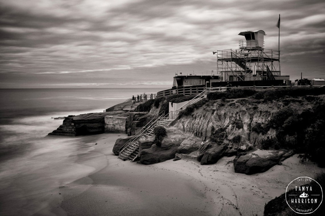 La Jolla Lifeguard Tower San Diego California Black and White Landscape ...