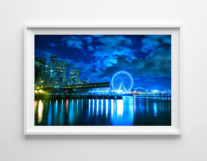 Seattle Art Great Wheel Waterfront View - Seattle Skyline Night ...