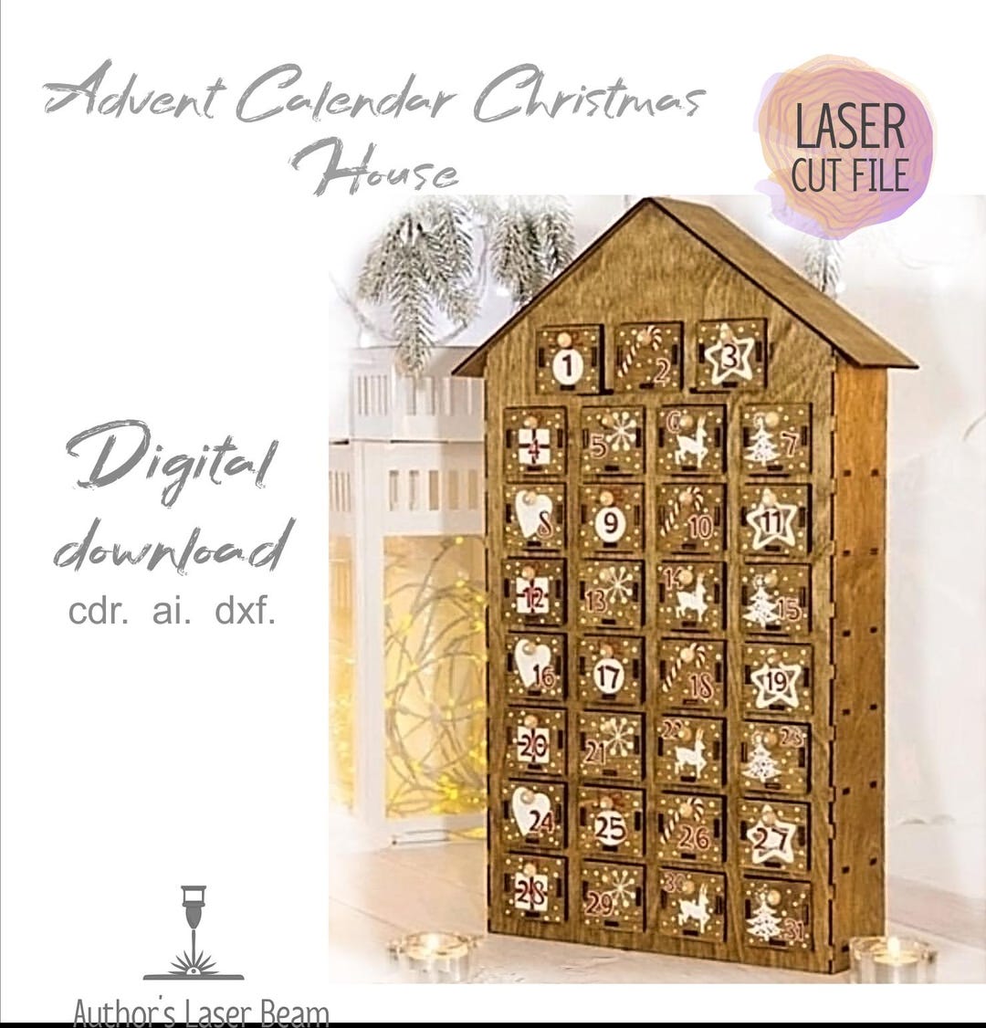31-slot House Advent Calendar – Laser Cut Layout | CDR/DXF Files | 3D ...