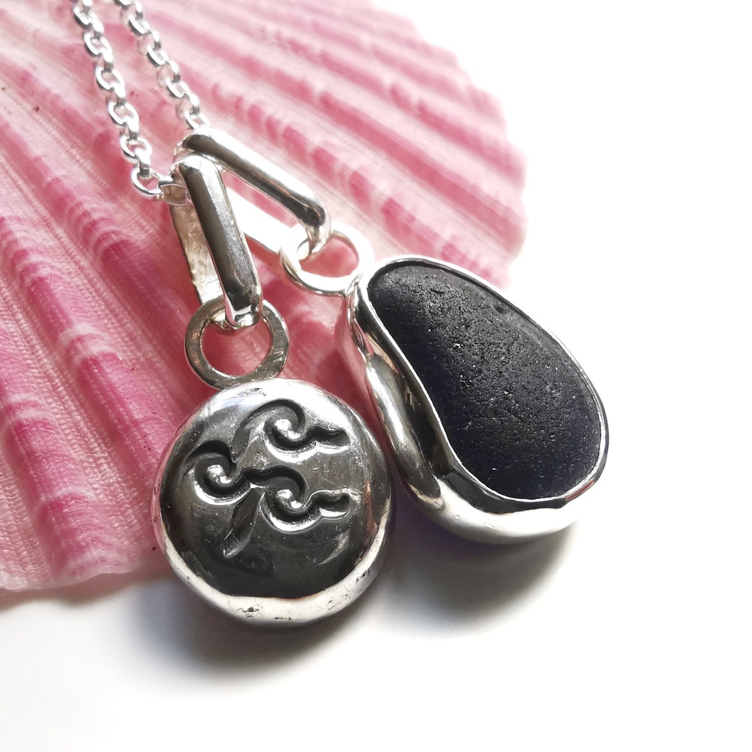 Black/purple Seaham Sea Glass Pendant and Sterling Silver Wave Pebble ...