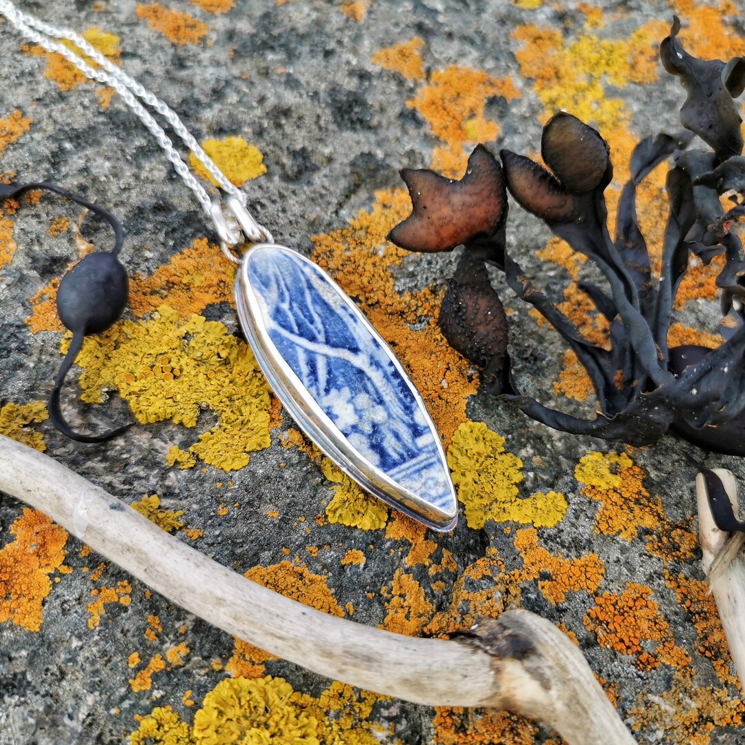 Scottish Blue Willow Pattern Pottery And Sterling Silver Pendant Etsy