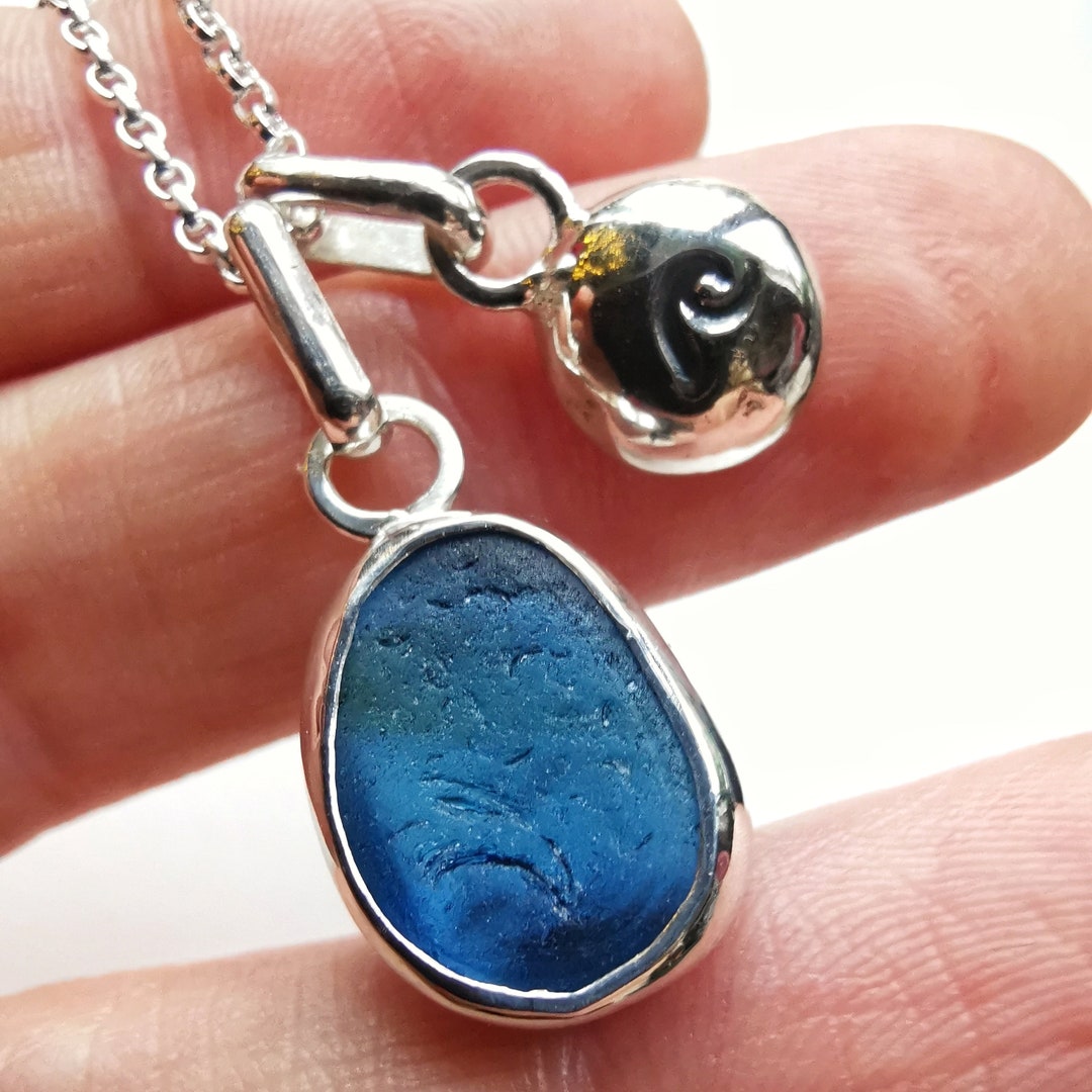 Seaham Blue Sea Glass and Silver Wave Pebble Duo of Pendants. - Etsy