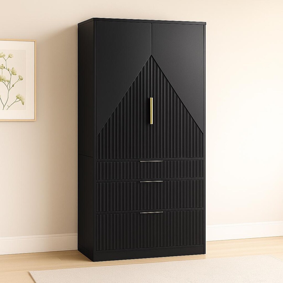 Modern Black Fluted Wardrobe - 2 Door Armoire With Drawers - Etsy