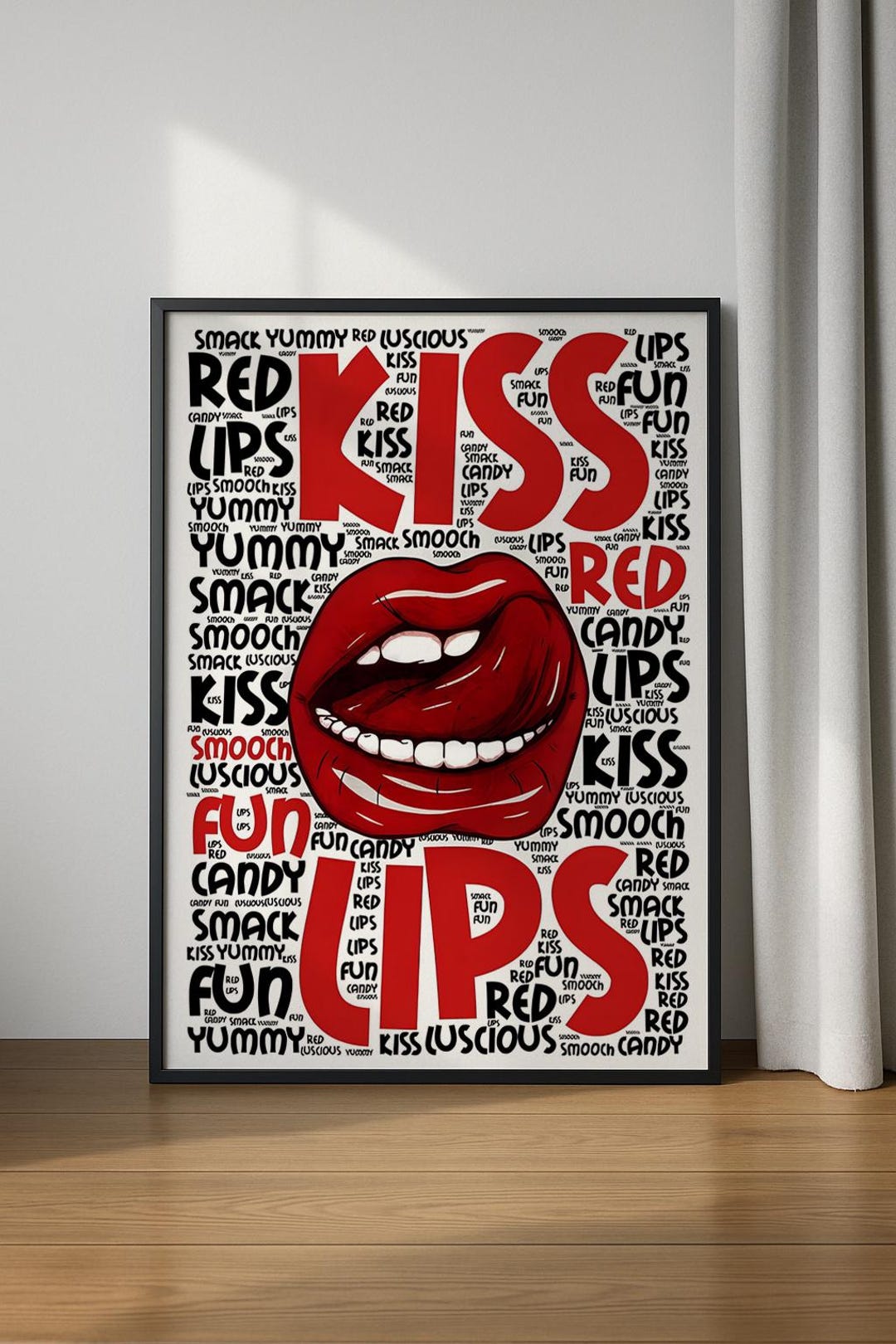 Kiss Lips Poster, Typography Wall Art, Red Lips Poster, Typography ...