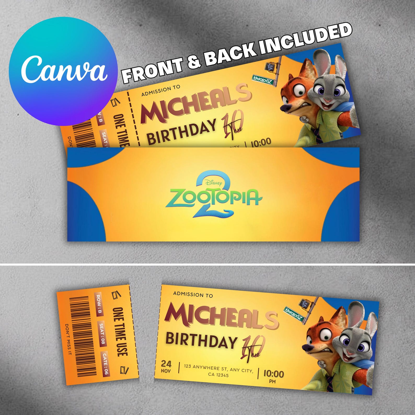 Editable Zootopia 2 Movie Ticket Invitation, Zootopia 2 Printable ...
