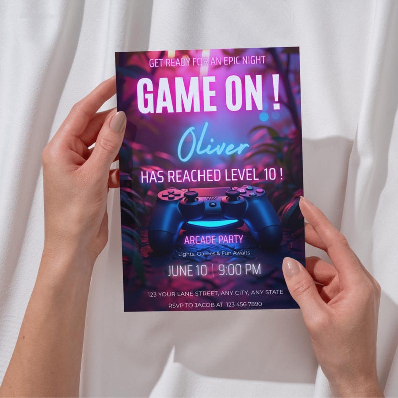 Neon Game Birthday Invitation, Level up Arcade Party (digital Download ...