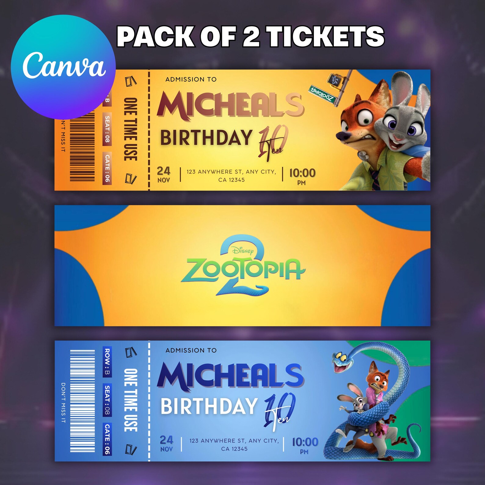 Editable Zootopia 2 Movie Ticket Invitation, Zootopia 2 Printable ...