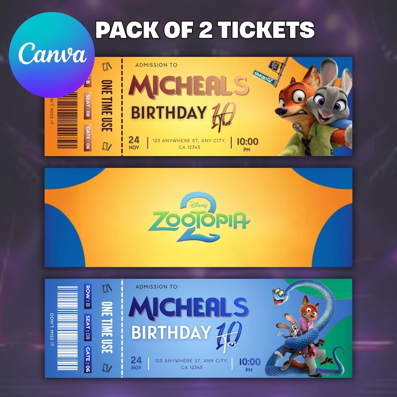 Editable Zootopia 2 Movie Ticket Invitation, Zootopia 2 Printable ...