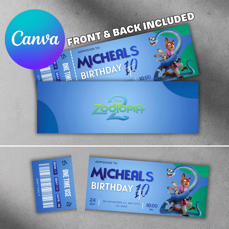 Editable Zootopia 2 Movie Ticket Invitation, Zootopia 2 Printable ...