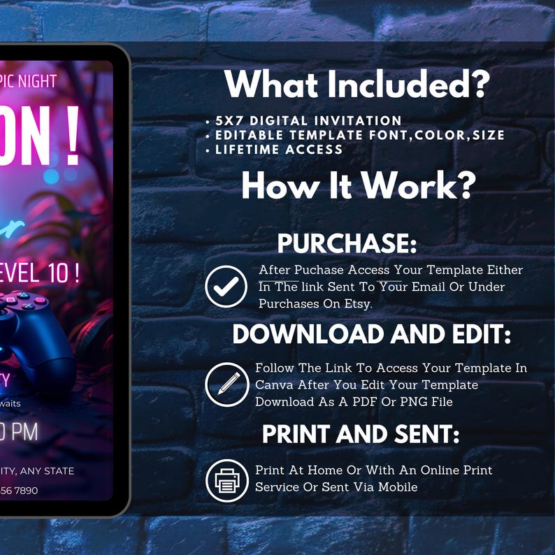 Neon Game Birthday Invitation, Level up Arcade Party (digital Download ...