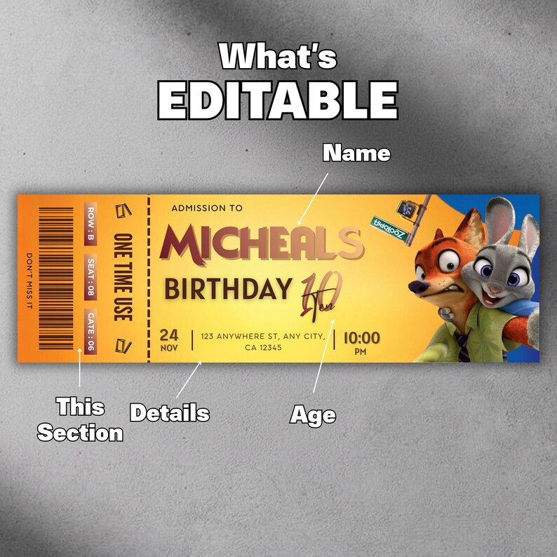 Editable Zootopia 2 Movie Ticket Invitation, Zootopia 2 Printable ...