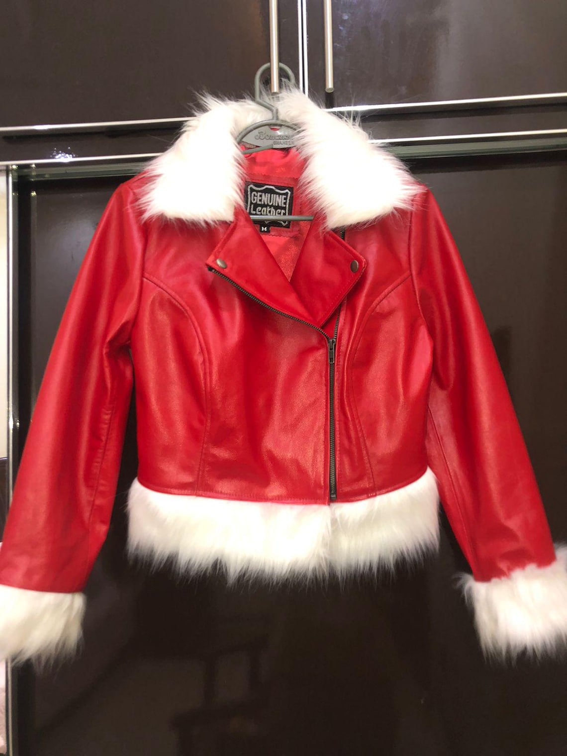 Women’s Luxury Santa Leather Outfit Set – Handmade Red Leather Jacket ...