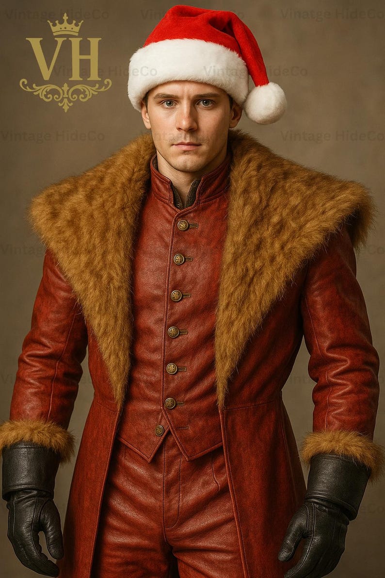 Luxury Santa Claus Outfit Set – Handmade Real Leather Coat, Inner Vest ...