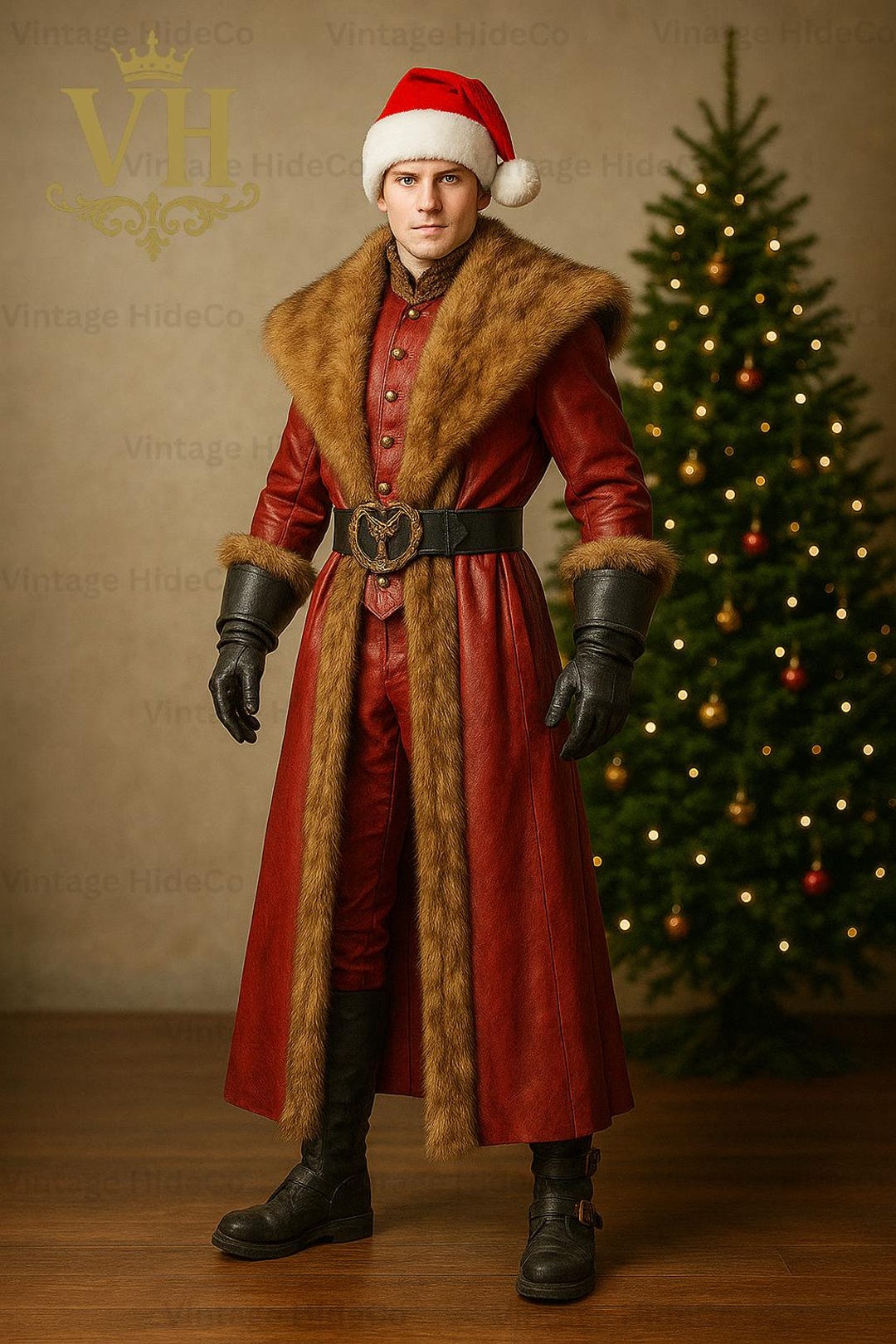 Luxury Santa Claus Outfit Set – Handmade Real Leather Coat, Inner Vest ...