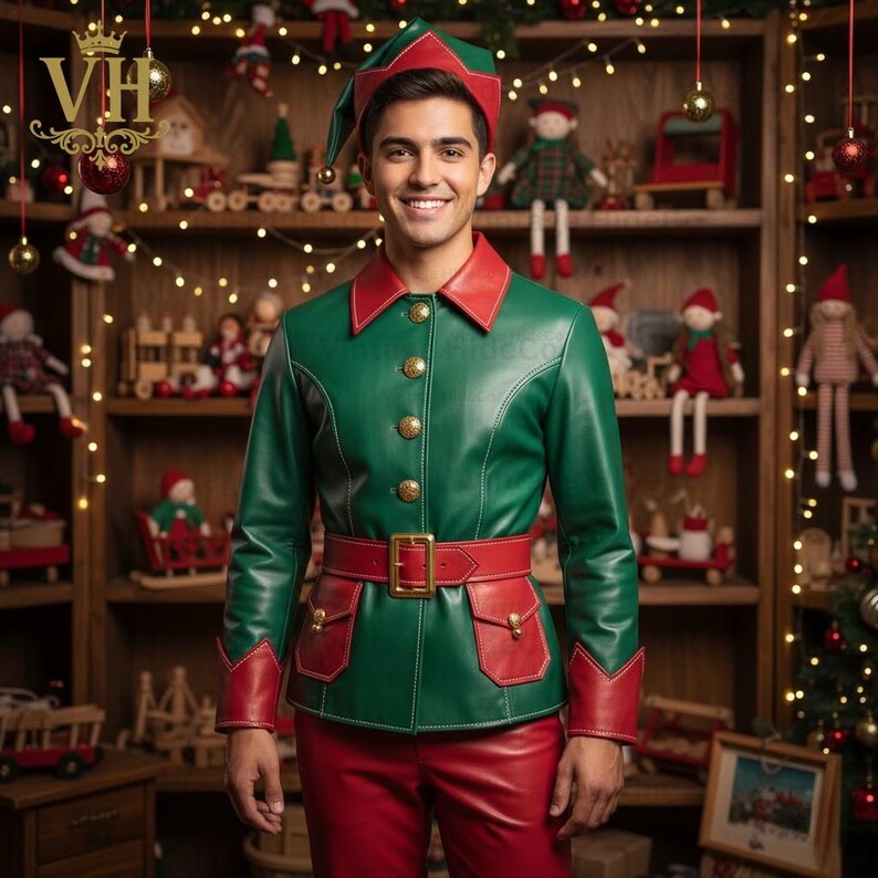 Men’s Christmas Elf Costume | Green and Red Leather Elf Outfit | Santa ...
