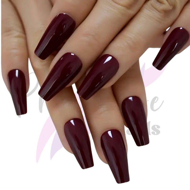 Solid Color Maroon Press on Nails | Coffin Medium Length, 24 Piece Set ...