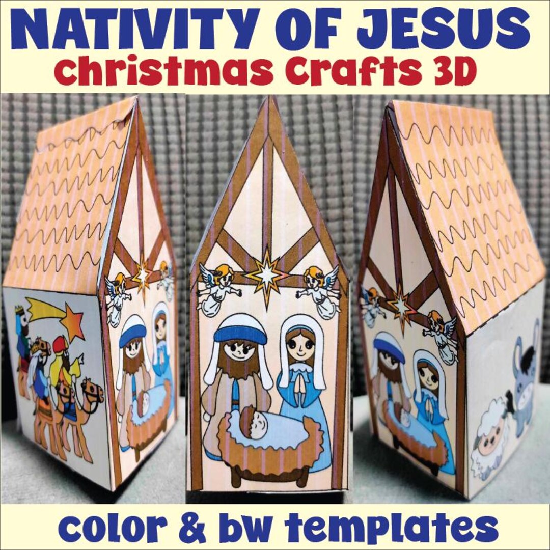 3D Nativity Paper Craft | Printable Stable Manger Template (color & BW ...