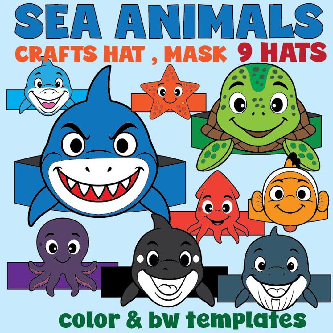 Sea Animals Hat Craft | Printable Ocean Masks, Headbands (color and B&W ...