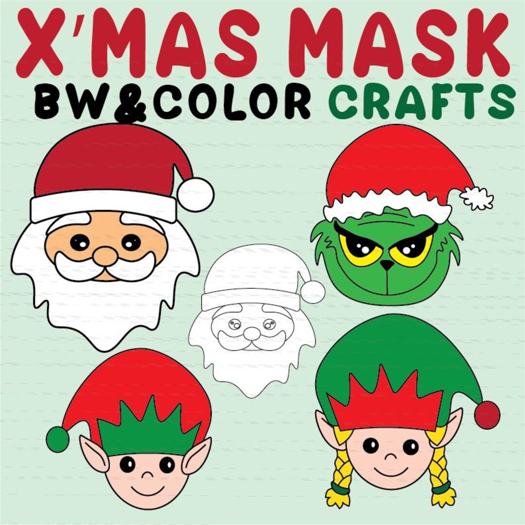 Printable Christmas Character Masks | Santa, Grinch, Elves (color & BW ...