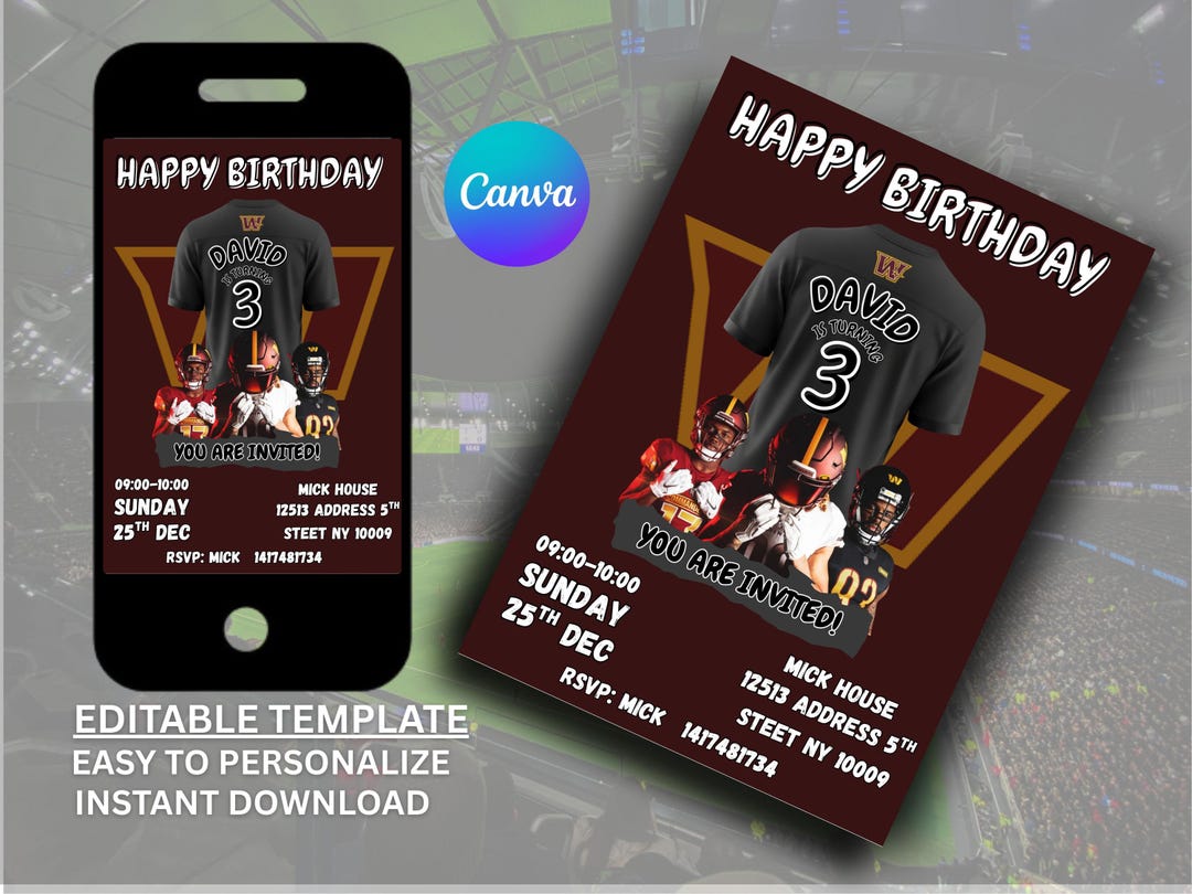 Editable Commanders Birthday Invitation | Washington Commanders Party ...