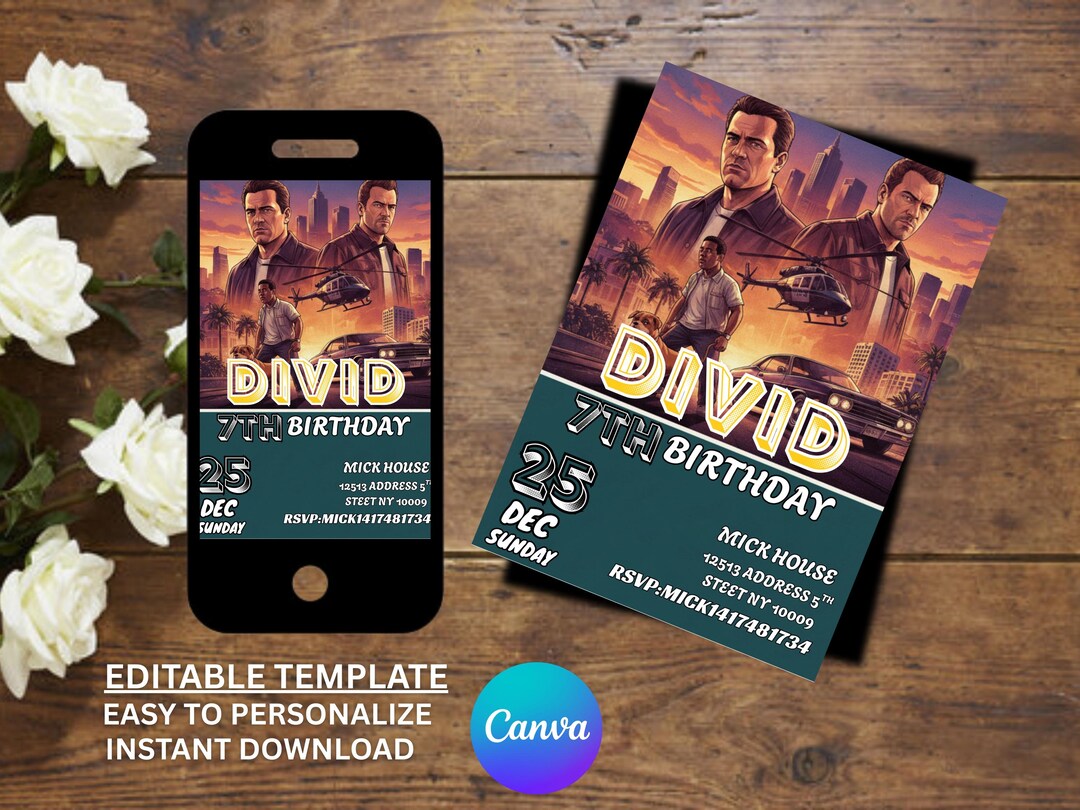 GTA V Birthday Invitation | Editable Party Template | Instant Digital ...