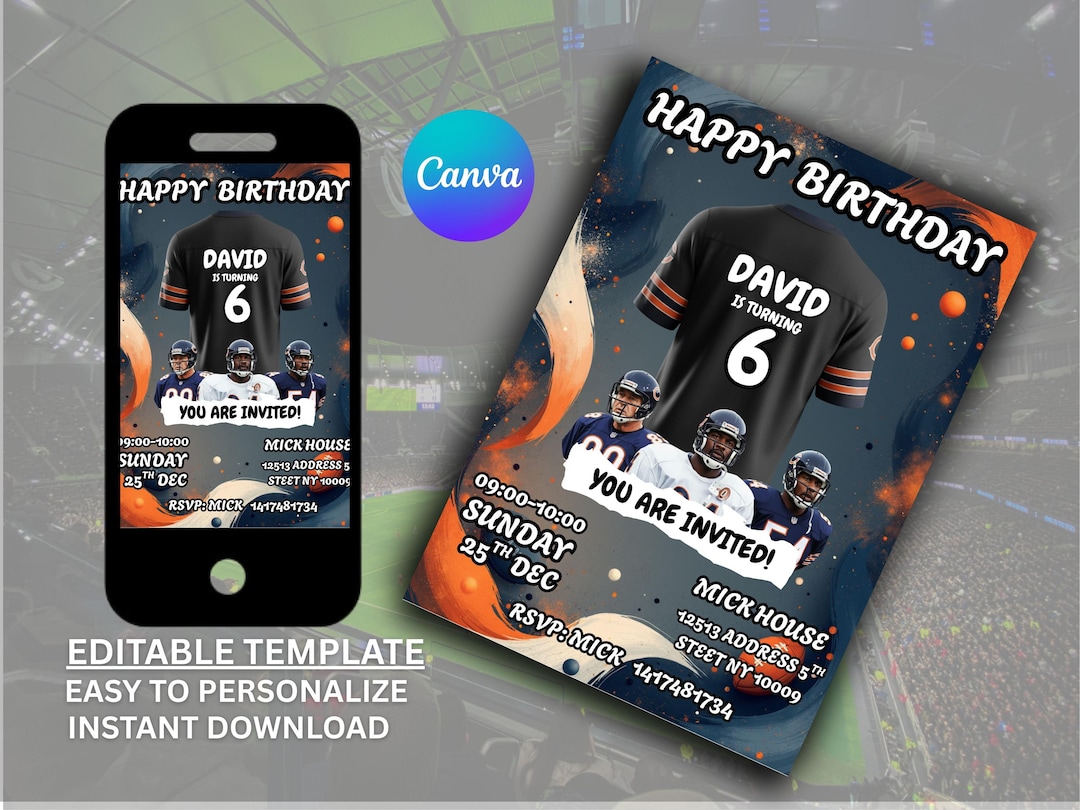 Chicago Bears Birthday Invitation | Editable Canva Template | Printable ...
