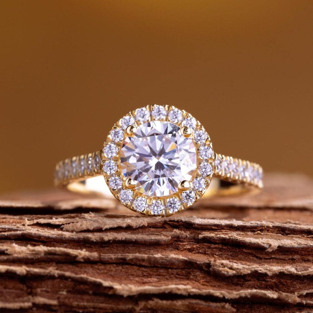 Moissanite Halo Engagement Ring, 14k Solid Gold Pave Setting, 1.2 CT ...