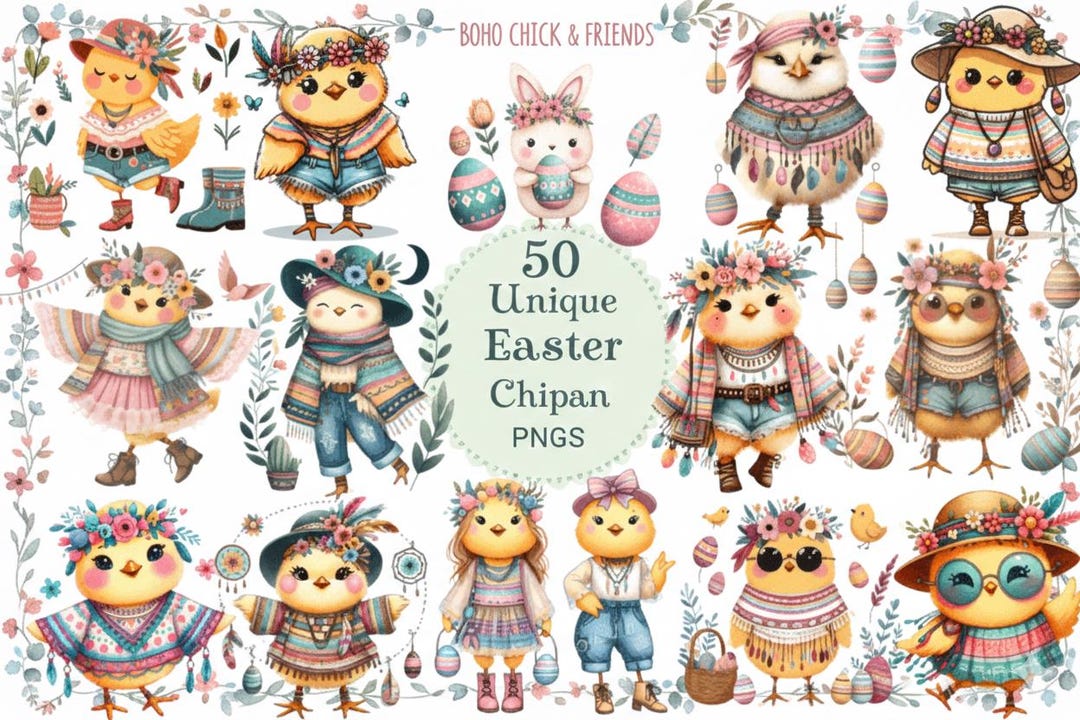 Boho Easter Chick Clipart Bundle Watercolor PNG 3750px Spring Holiday ...