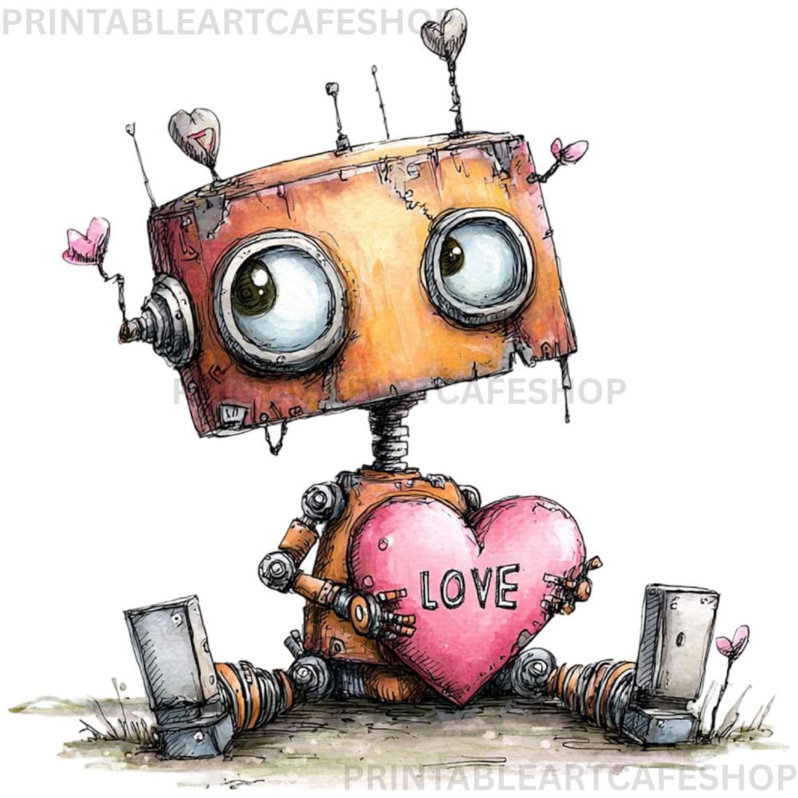 Valentine Robot Clipart Watercolor Digital Love Characters PNG ...