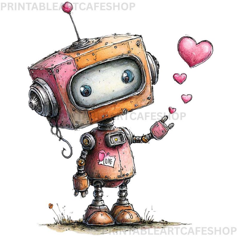 Valentine Robot Clipart Watercolor Digital Love Characters PNG ...