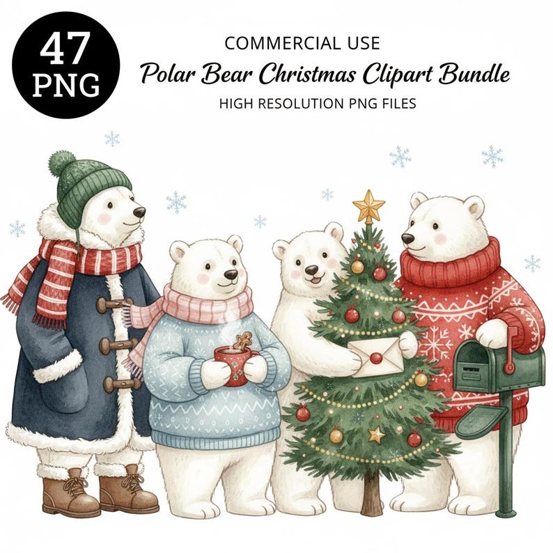 Watercolor Christmas Polar Bear Clipart Bundle 47 PNG Images Winter ...