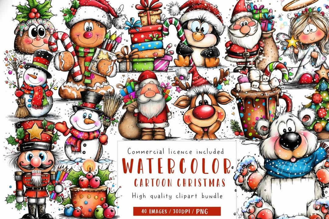 Watercolor Cute Cartoon Christmas Clipart | 40 PNG | Santa Reindeer ...